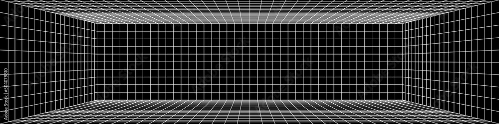 3D digital one point perspective grid room. White mesh on black ...