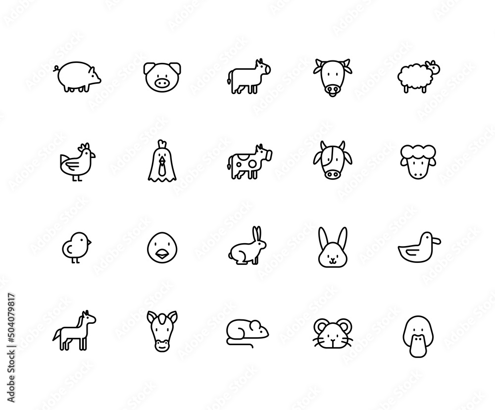 animal linear icons. Set of farm, harvest symbols drawn with thin ...