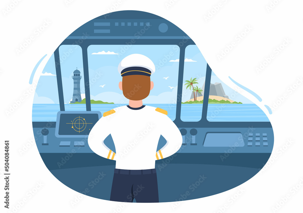 Man Cruise Ship Captain Cartoon Illustration in Sailor Uniform Riding a ...