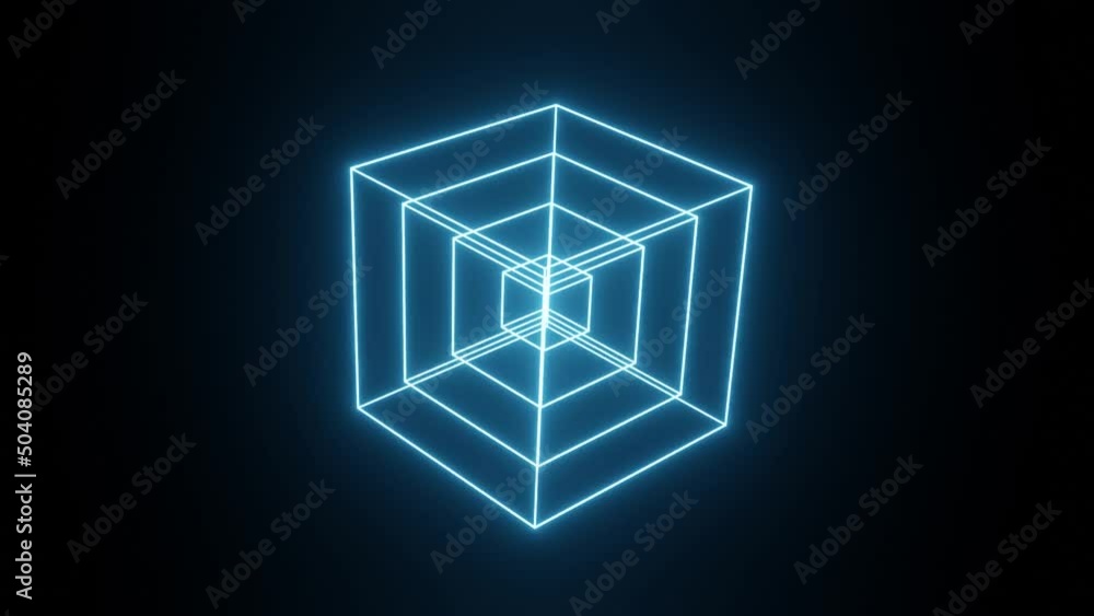 Abstract 3d renders of a rotating looped wireframe neon cube. The ...