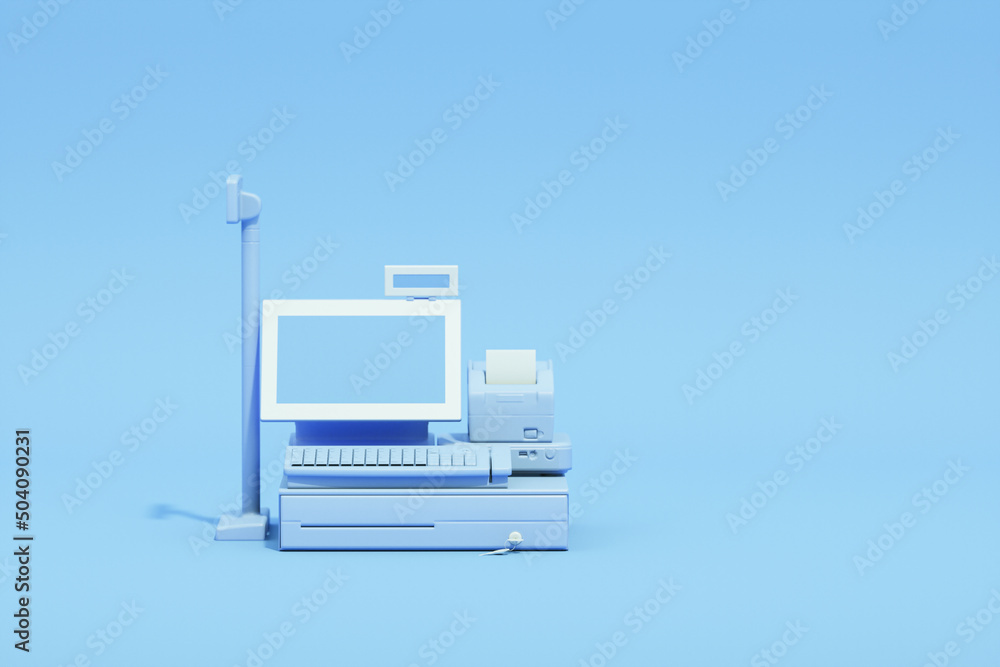 Cash register machine, cashier in pastel blue background, flat colors ...