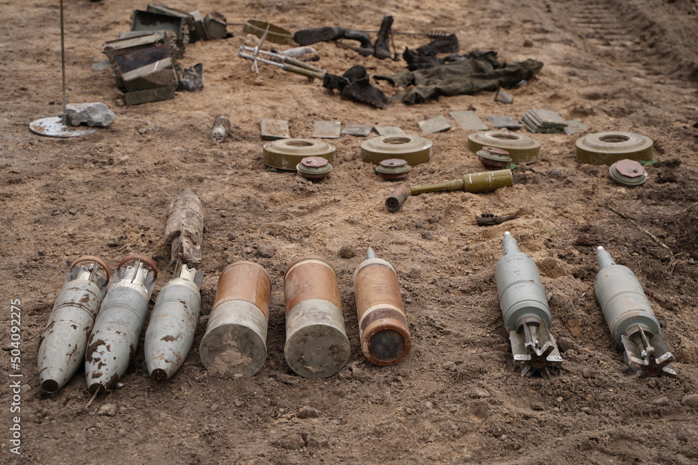 Demining by troops of the territory. Many mines, shells, artillery ...