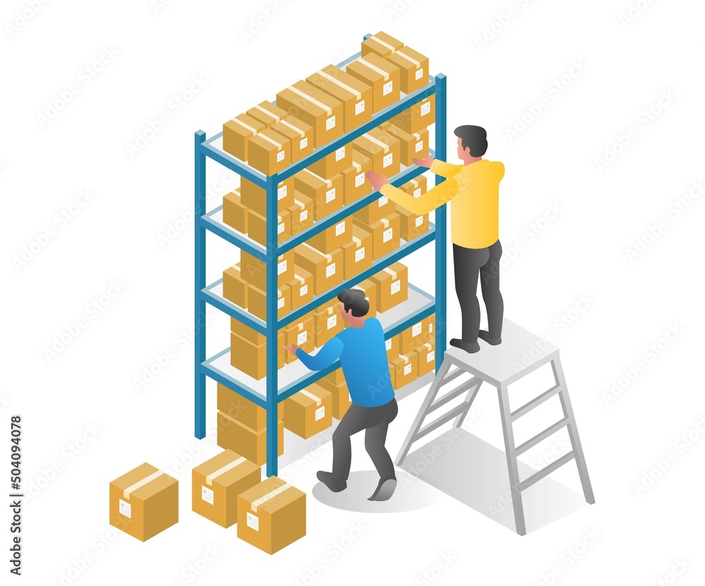 Flat isometric illustration concept. two men stacking stock on a ...