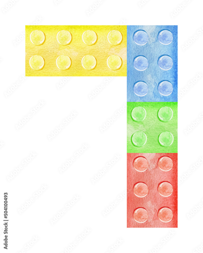 Watercolor number 7 from plastic building blocks. Colored digit seven ...