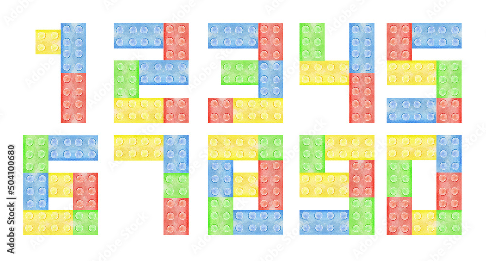 Watercolor number 9 from plastic building blocks. Colored digit nine of ...