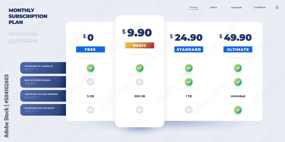 Price plan. Comparison table infographic, monthly subscriptions ...