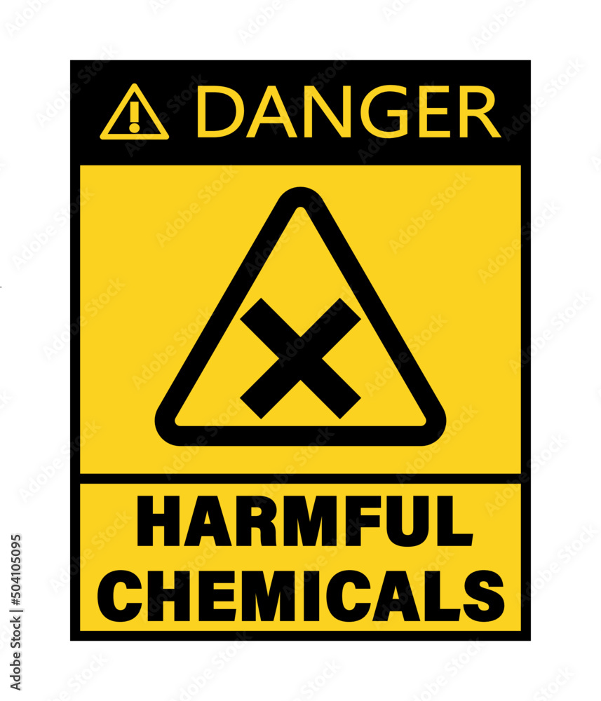Harmful chemicals, warning sign with yellow triangle, symbols and text ...