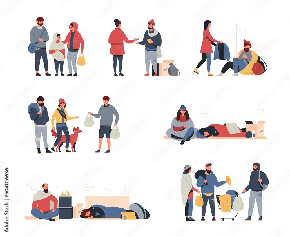 Homeless people. Cartoon poor family, hungry and dirty child man and ...