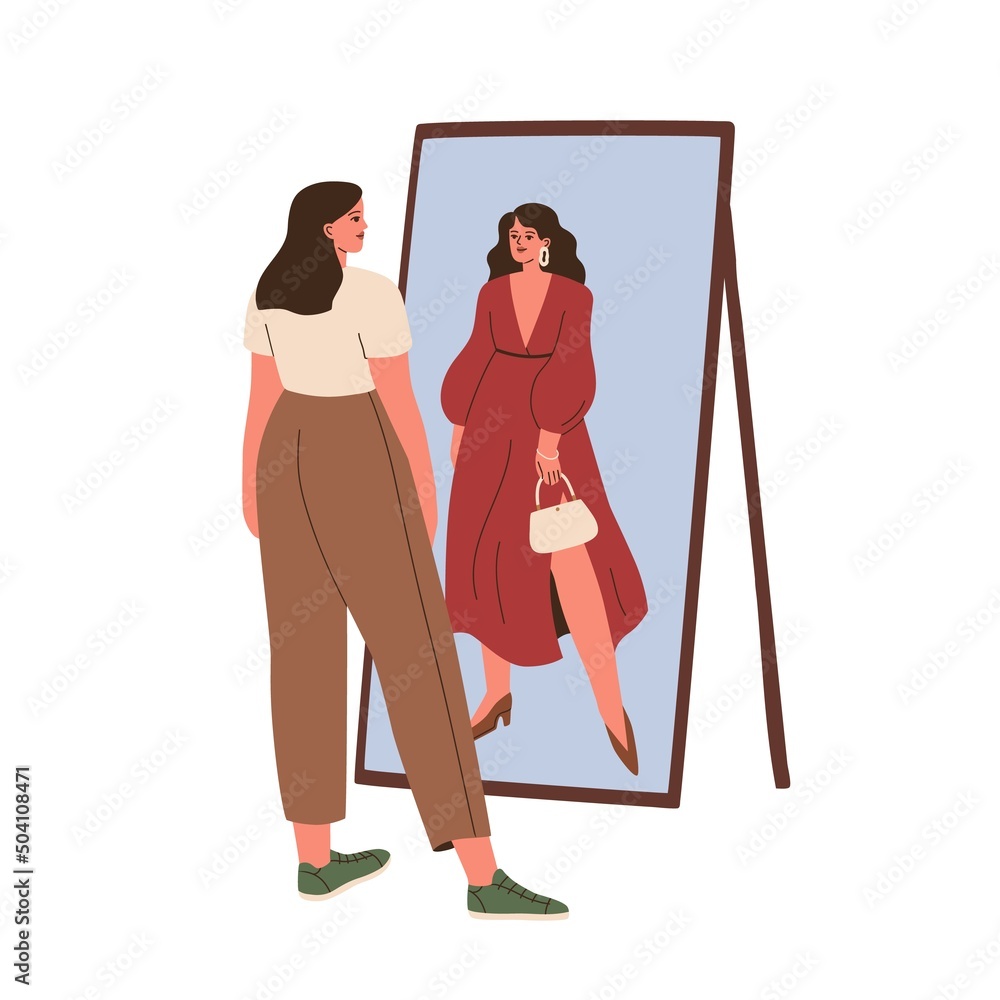Woman looking at mirror reflection with different outfit. Makeover ...