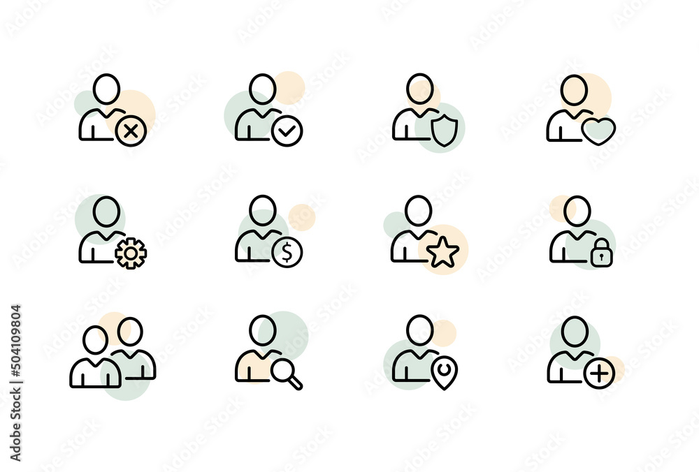 Pictogram set icon. Person with check mark, shield, heart, coin, dollar ...