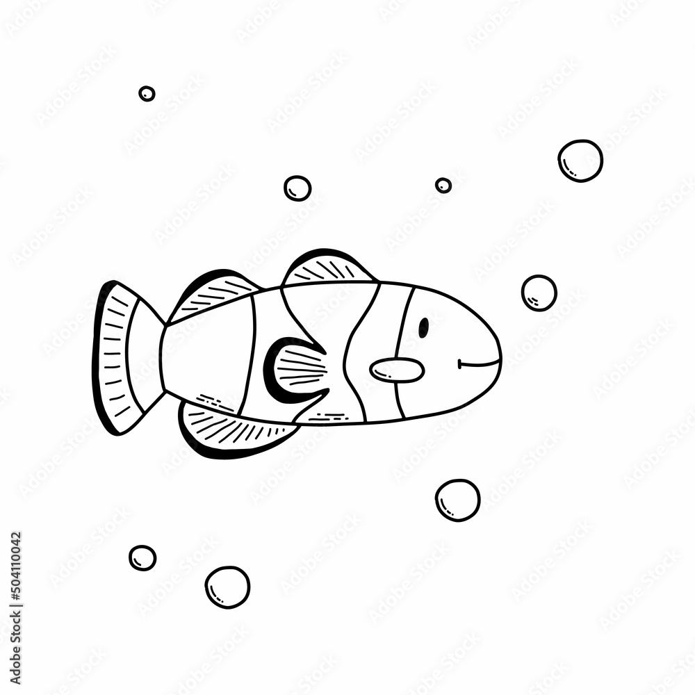 Cute doodle sea fish. Coloring page for kids. Vector illustration ...
