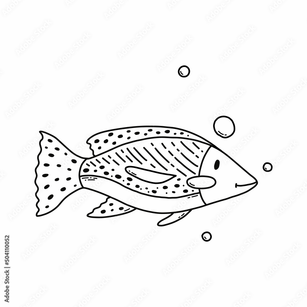 Cute doodle sea fish. Coloring page for kids. Vector illustration ...