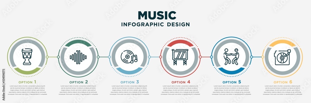 infographic template design with music icons. music concept with 6 ...