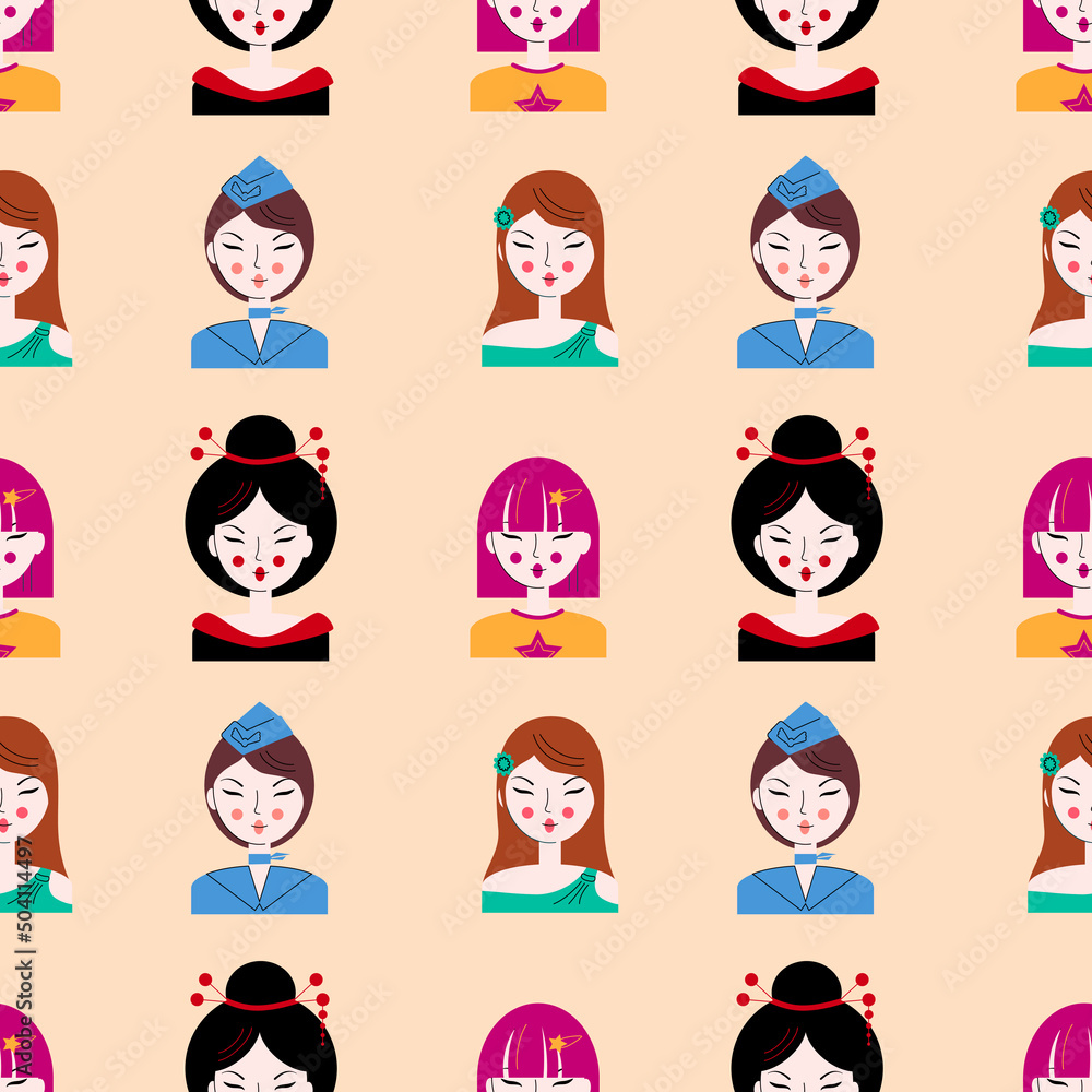 Asian woman face seamless pattern, bright color print with Asian girl ...