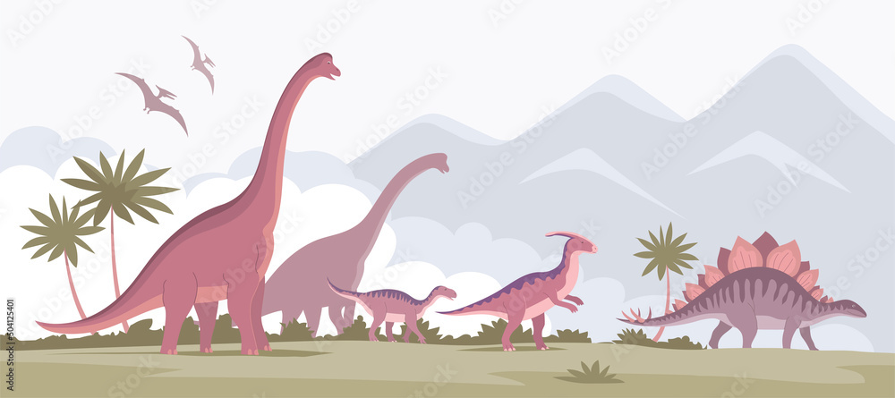 Big brachiosaurus with a long neck, parasaurolophus, stegosaurus ...