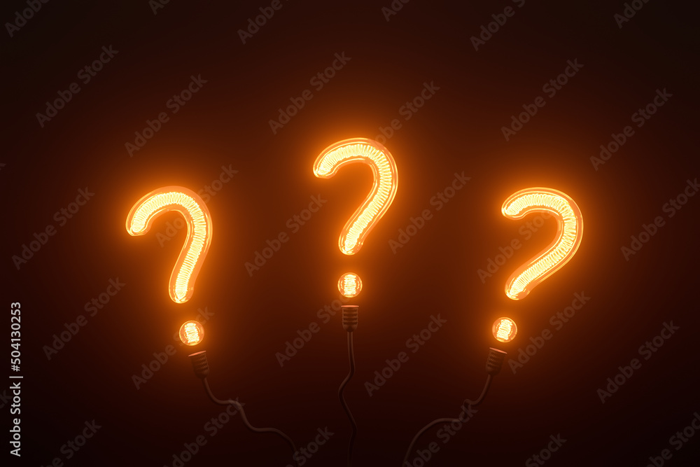 three question marks created from edison light bulbs, 3d illustration ...