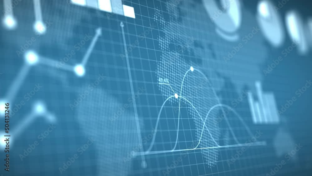 Pan shot of business statistics display with financial charts and world ...