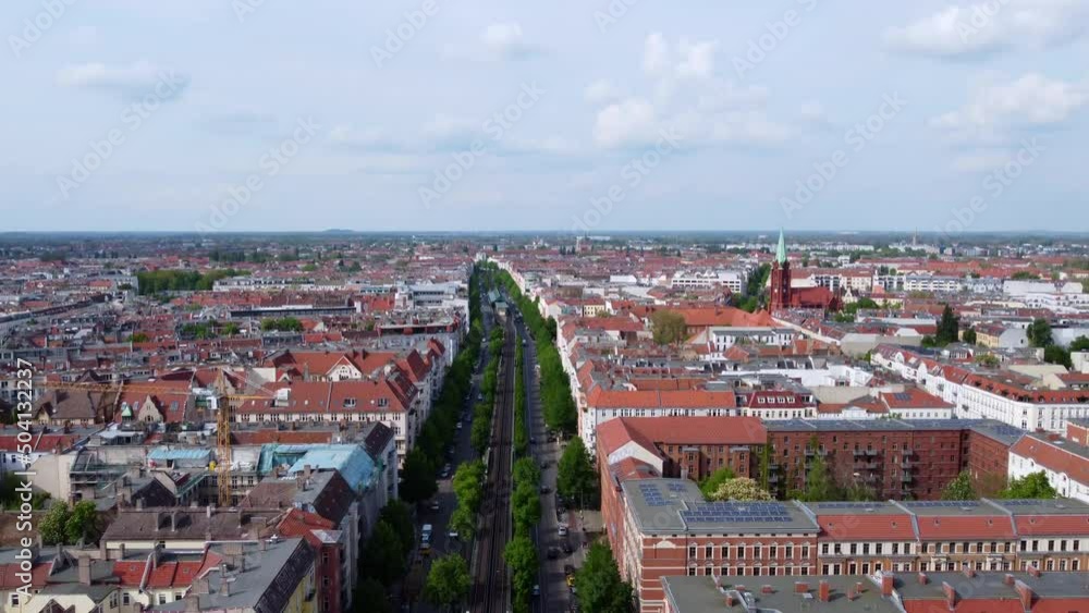 Panorama elevated railroad track trees houses in street. Fantastic ...