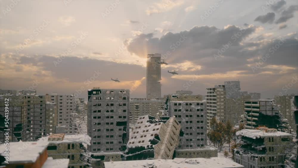 Huge damage cause by the war in Ukraine. The ruined city, debris of ...