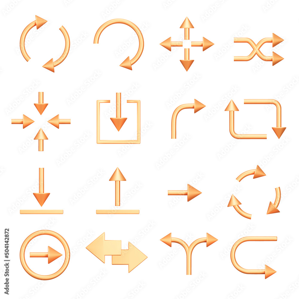 Gold arrow set. Arrows of different shapes, a direction indicator ...