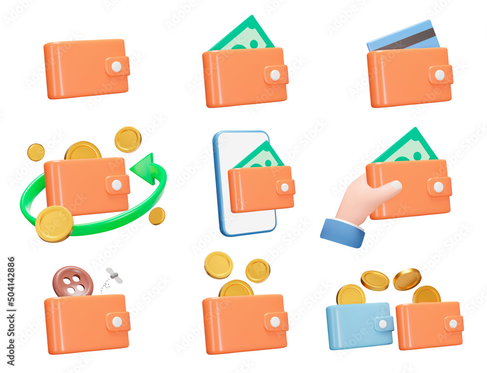 Wallet with money icon set. Cash currency, bank card, cashback, coins ...