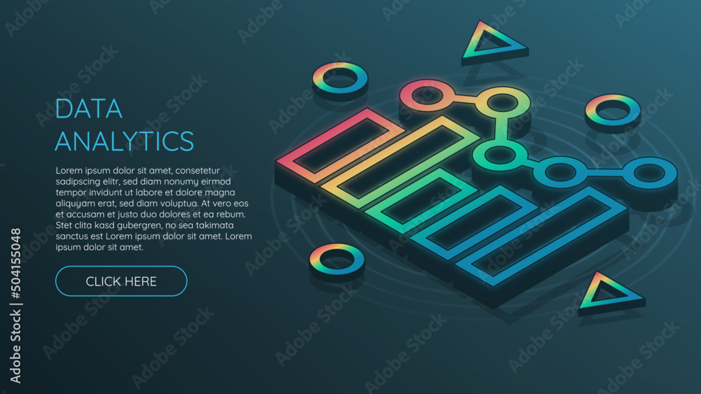 Isometric data analytics chart with rainbow gradient on blue background ...