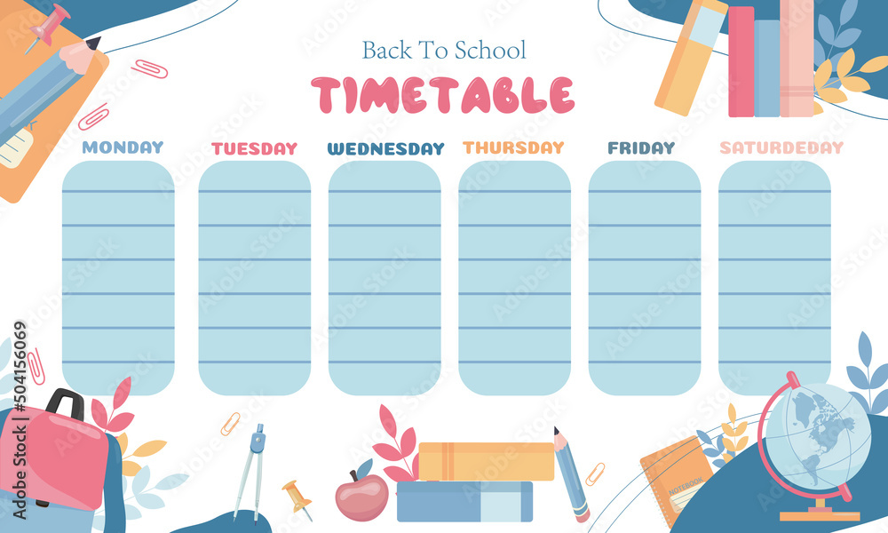 Timetable template for elementary school. Weekly planner template with ...