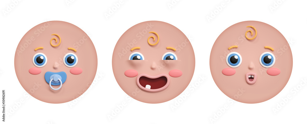 3d render, assorted baby face icons with different emotions, clip art ...