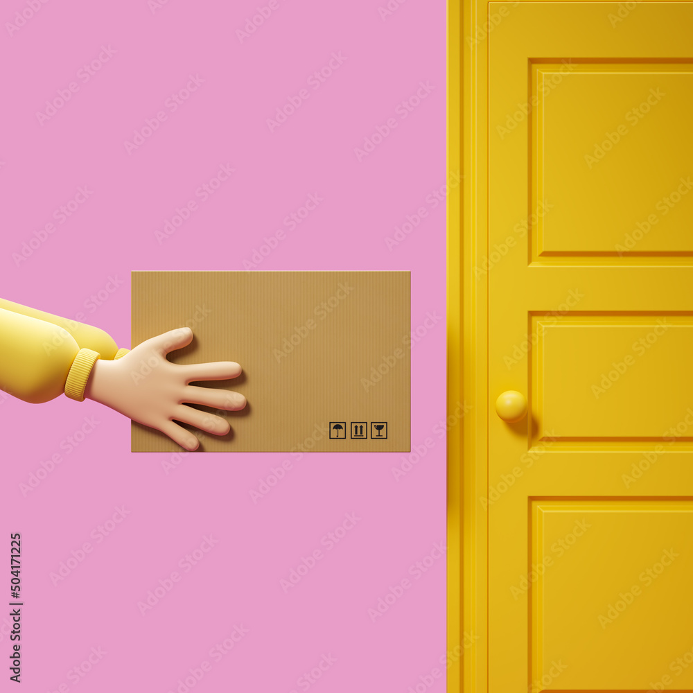 Cartoon hands holding a cardboard box near the door. Home delivery ...