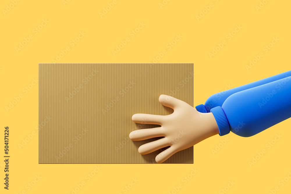 Cartoon hands of a delivery man with a parcel on a yellow background ...