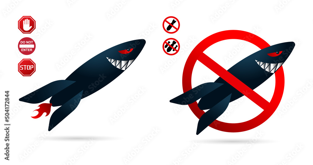 Angry rocket with teeth and red eyes. Forbidding sign with aerial bombs ...