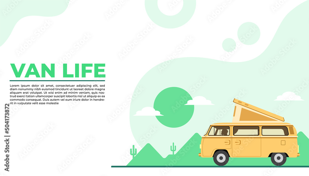 Van life web template . Combi with a surfboard with a sunset background ...