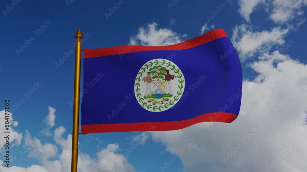 National flag of Belize waving 3D Render with flagpole and blue sky ...