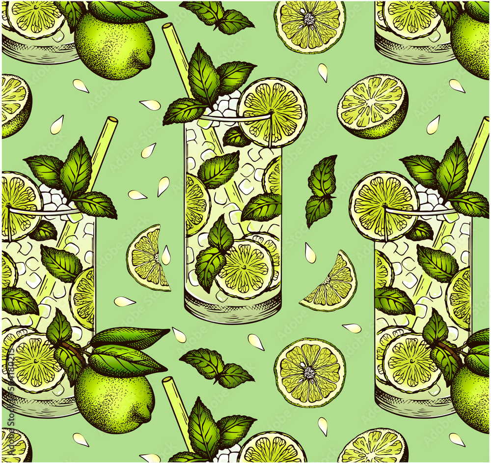 Sketch drawing pattern of Mojito cocktail in glass with fresh lime and ...