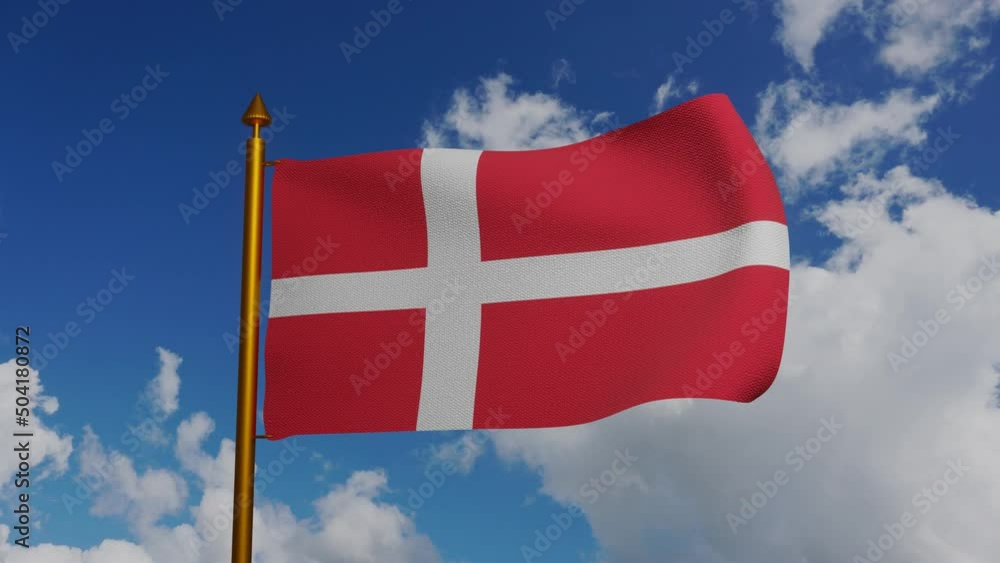 National flag of Denmark waving 3D Render with flagpole and blue sky ...