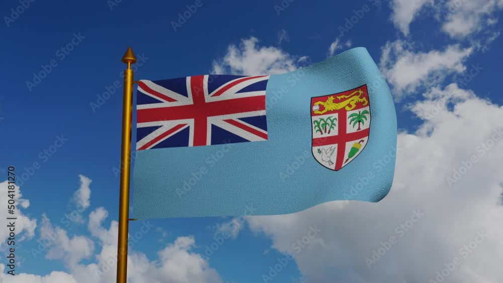National flag of Fiji waving 3D Render with flagpole and blue sky timelapse, Republic of Fiji ...