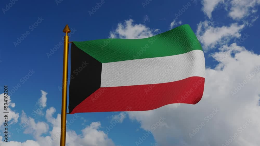 National flag of Kuwait waving 3D Render with flagpole and blue sky ...