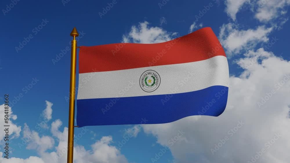 National flag of Paraguay waving 3D Render with flagpole and blue sky ...