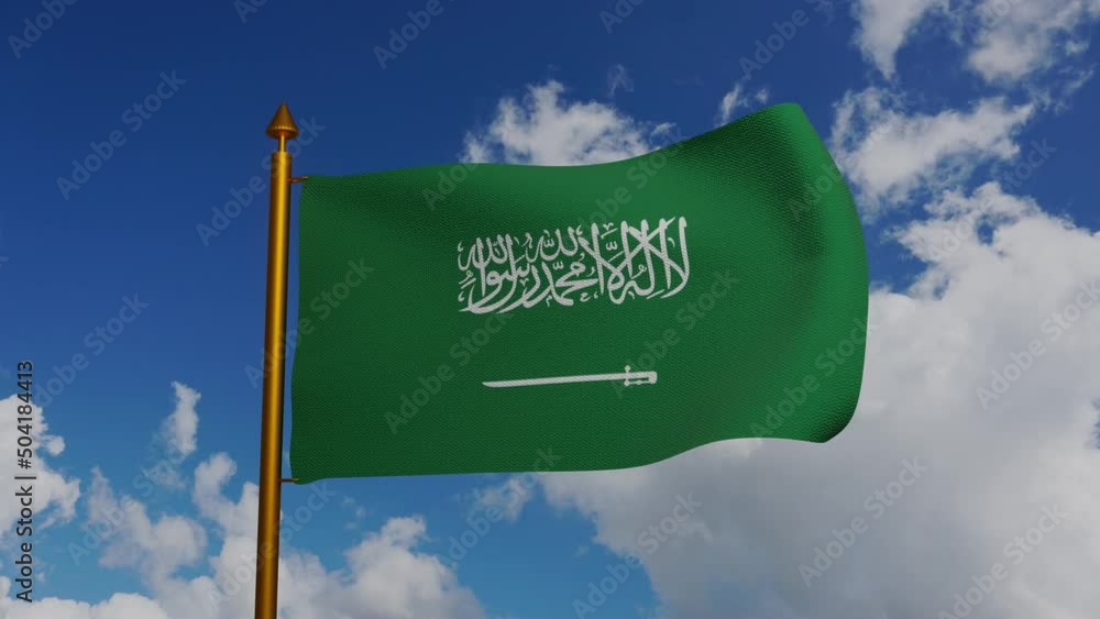 National flag of Saudi Arabia waving 3D Render with flagpole and blue ...
