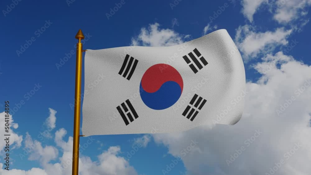 National flag of South Korea waving 3D Render with flagpole and blue ...