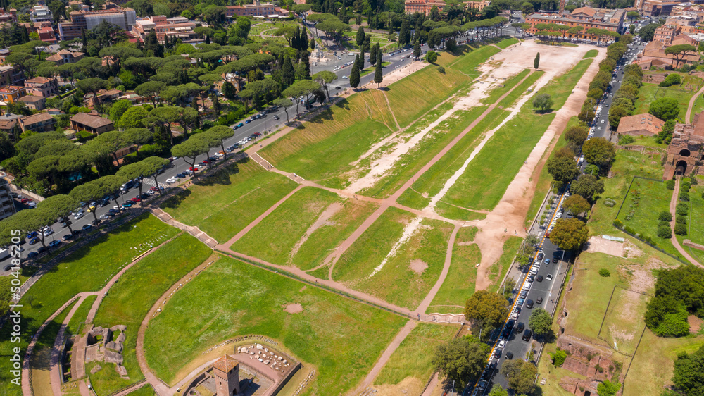 Aerial view of Circus Maximus, an ancient Roman chariot-racing stadium ...