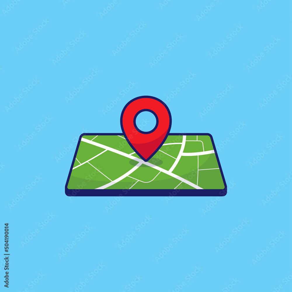 Red direction map pointer icon cartoon logo on blue background Stock ...