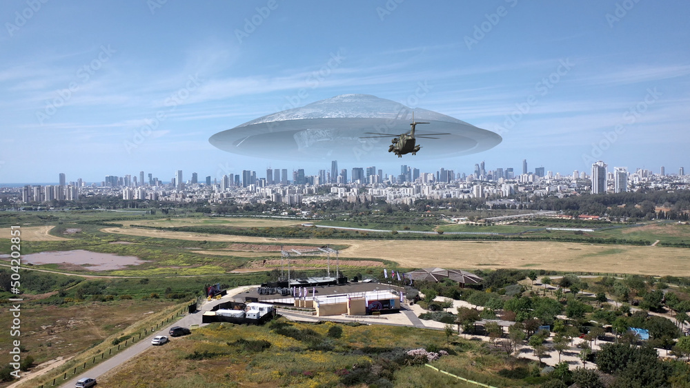 3d rendering, Massive ufo Flying saucer hovering over large city Aerial ...