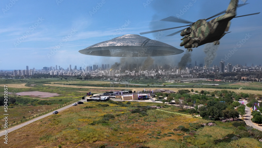 3d rendering, Massive ufo Flying saucer hovering over destroyed city ...