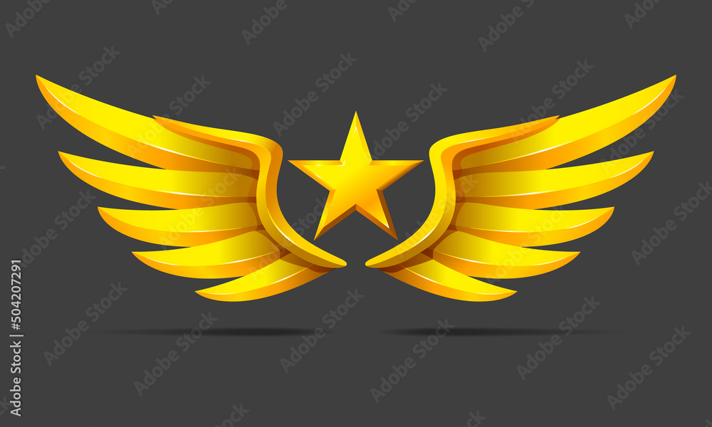 3d Golden victory wings with the star. Luxury success abstract sign ...