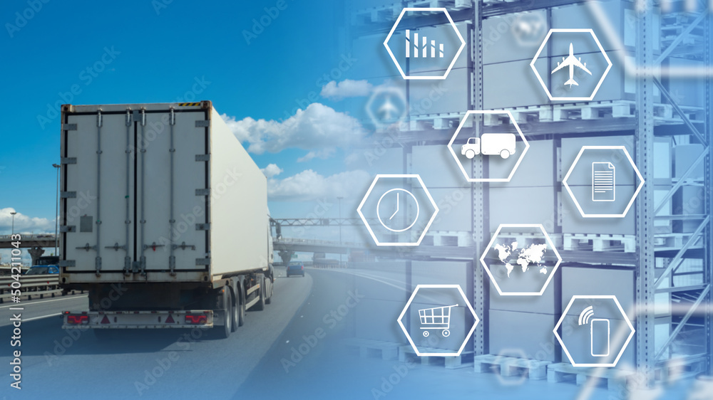 Truck road. Motor lorry rear view. Motor lorry in sunny weather. Truck ...