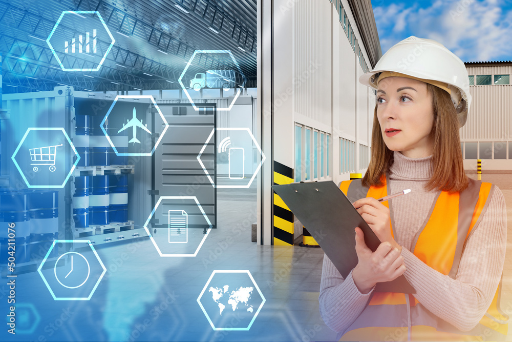 Logistics background. Woman near warehouse. Girl is engaged in fuel ...