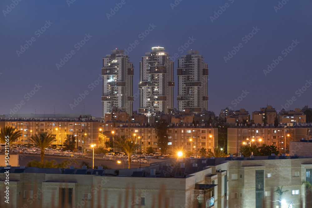 Night city in the south of Israel. Modern Architecture in the city ...