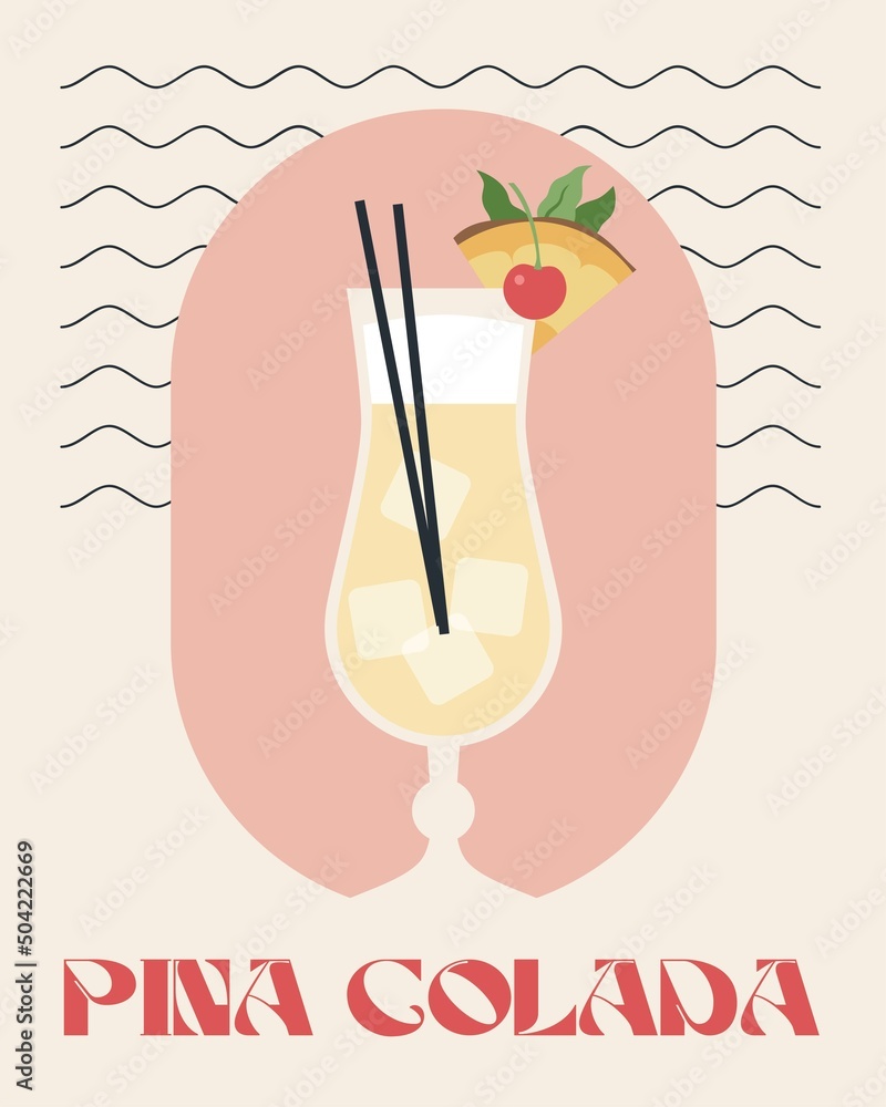 Pina colada. Retro posters with alcohol cocktails. 90s 80s 70s groovy ...