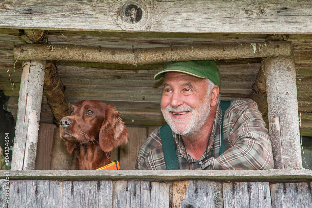 A hunter and his dog watch the passing game from the hunting pulpit and ...